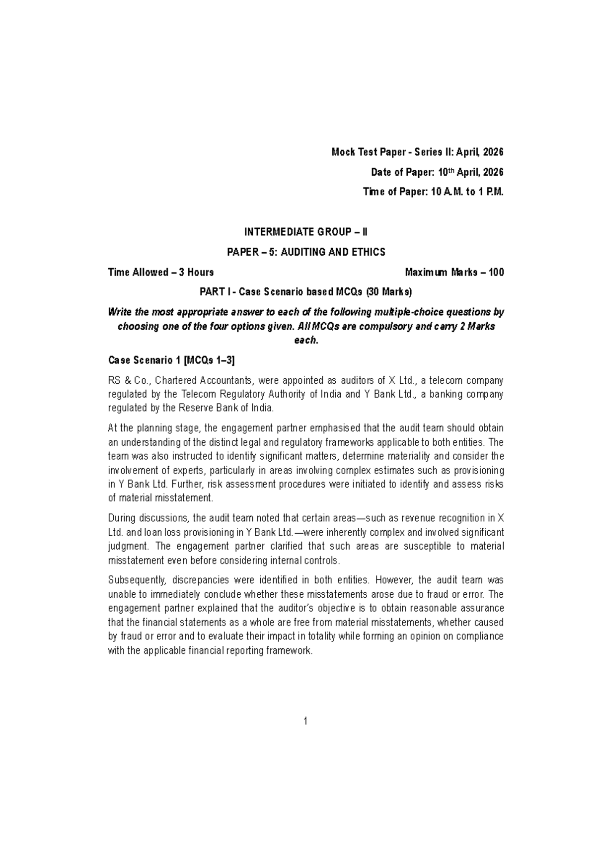 Mock Test Paper Series II: Auditing and Ethics - April 2026 - Studocu