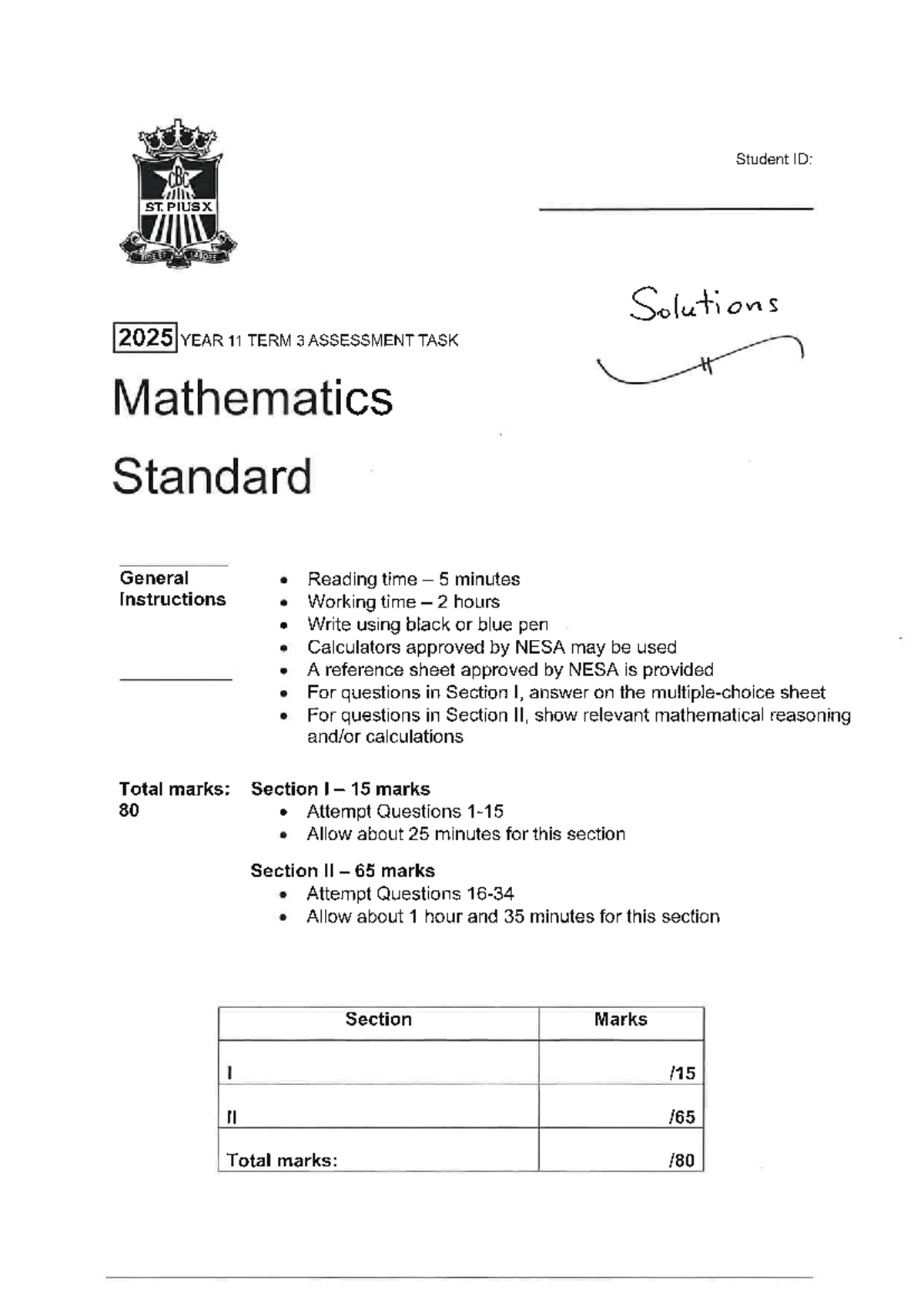 Yr11 Mathematics Standard T3 2025 Assessment Task Solutions - Studocu