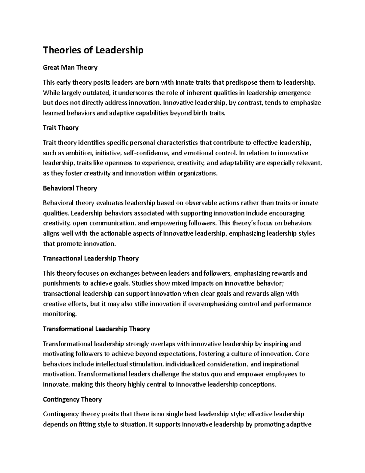 Theories of Leadership: Exploring Innovative Approaches - Studocu