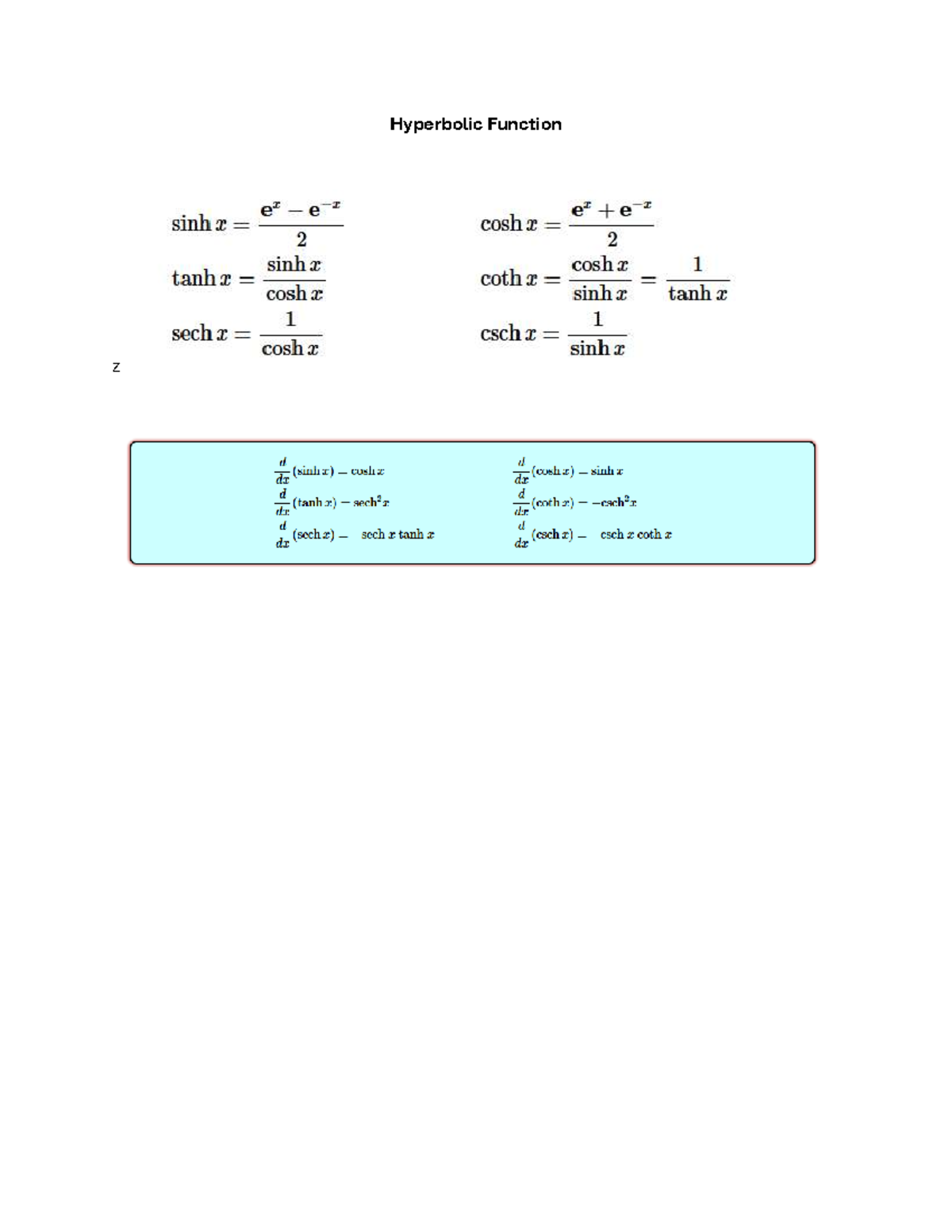 Hyperbolic Functions: Class Materials and Formulas - Studocu