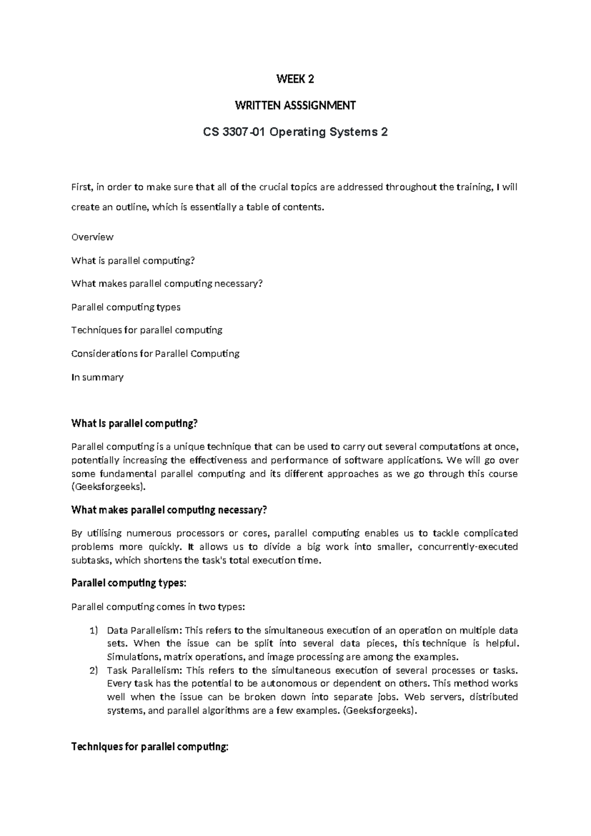 CS 3307-01 Week 2 Written Assignment: Overview of Parallel Computing - Studocu