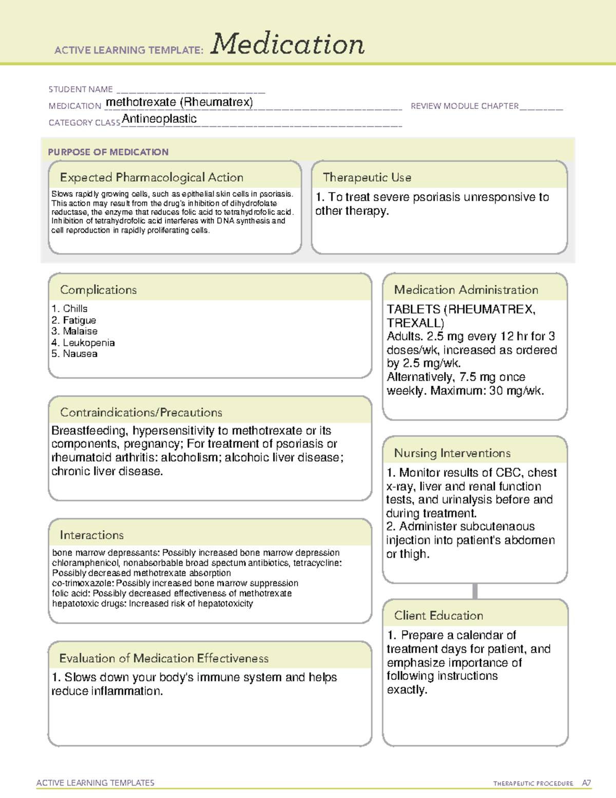 Methotrexate (Rheumatrex) - Active Learning Template for Nursing - Studocu