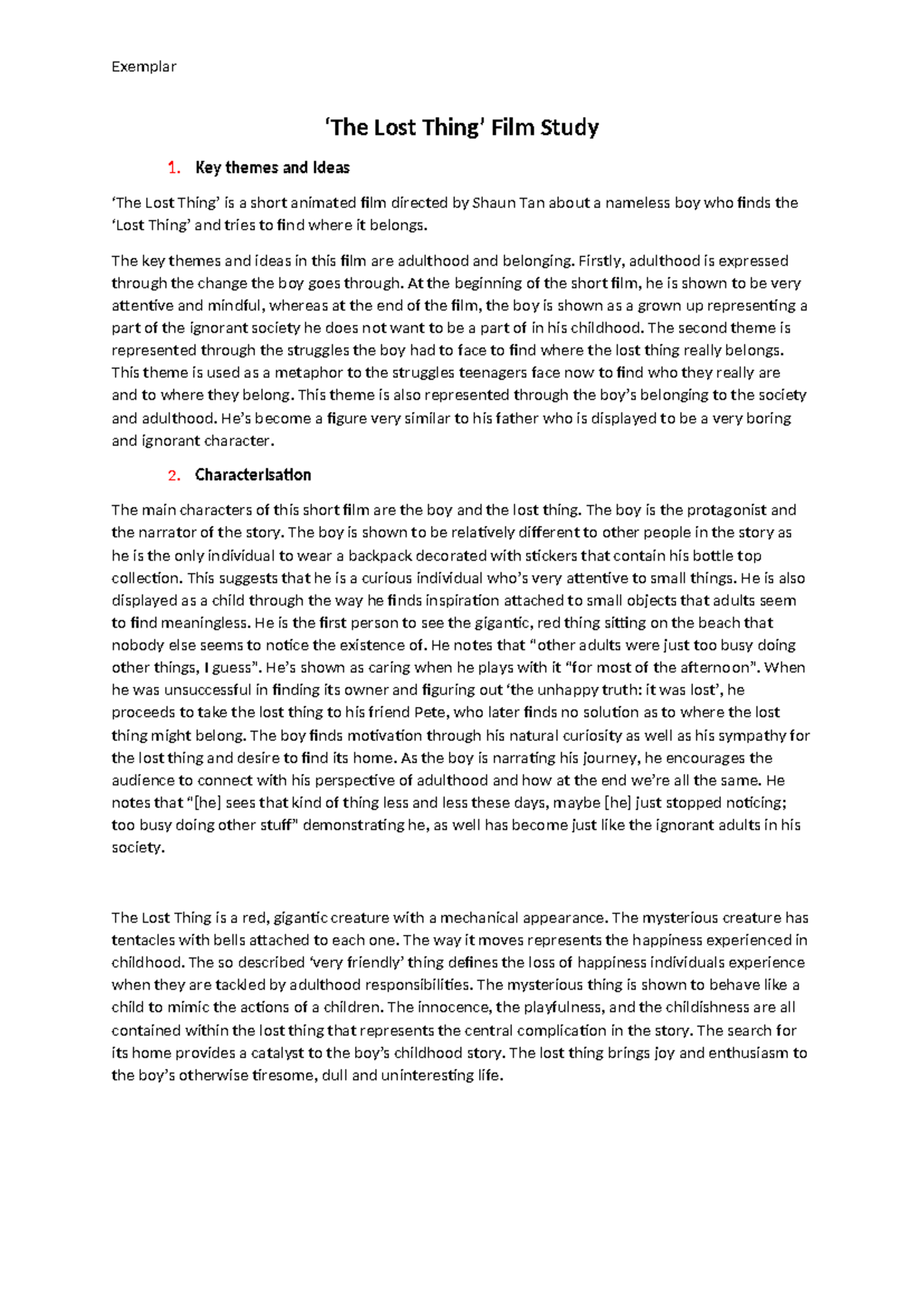 The Lost Thing Film Study: Key Themes & Character Analysis - Studocu