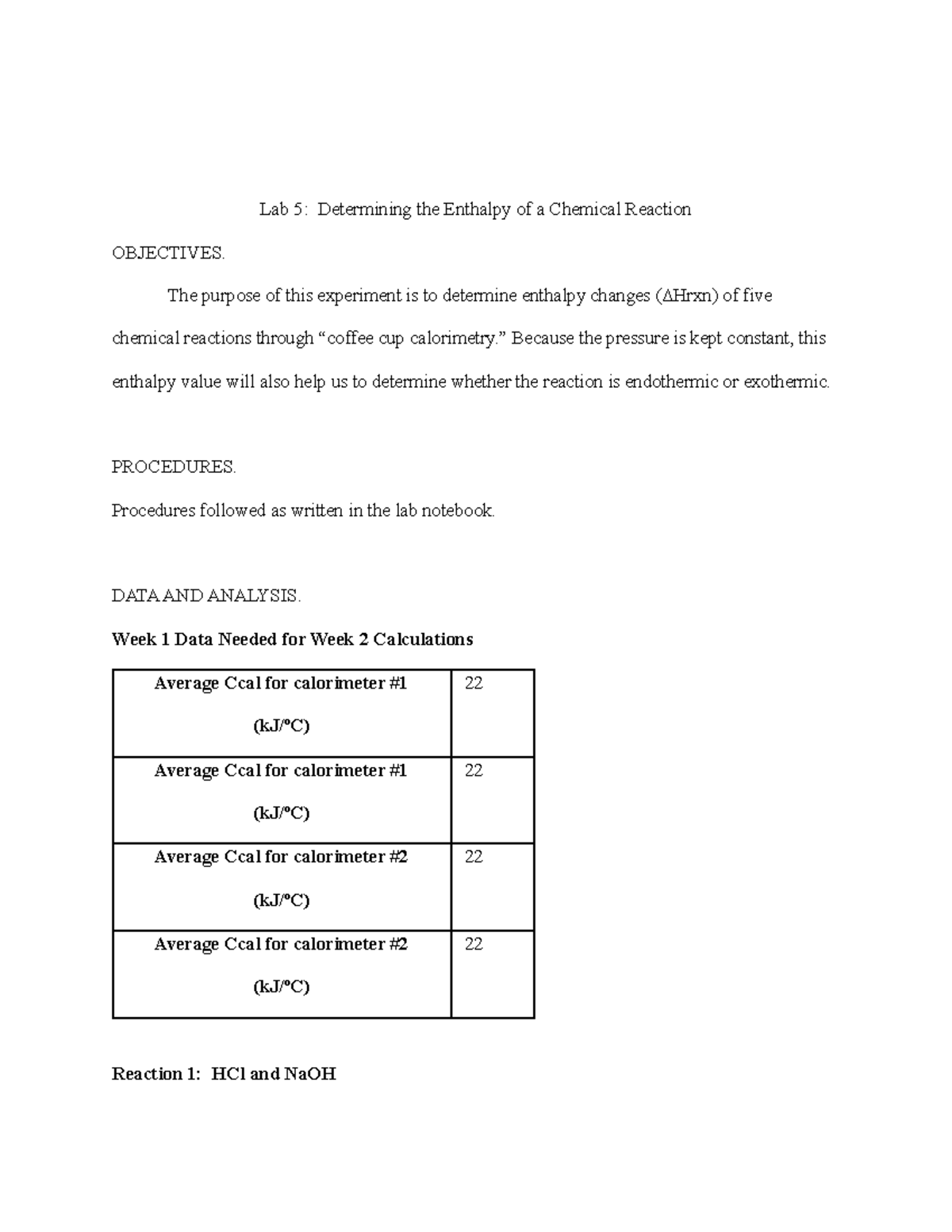 CHEM 1111 - Lab 5: Enthalpy Determination of Chemical Reactions Report - Studocu