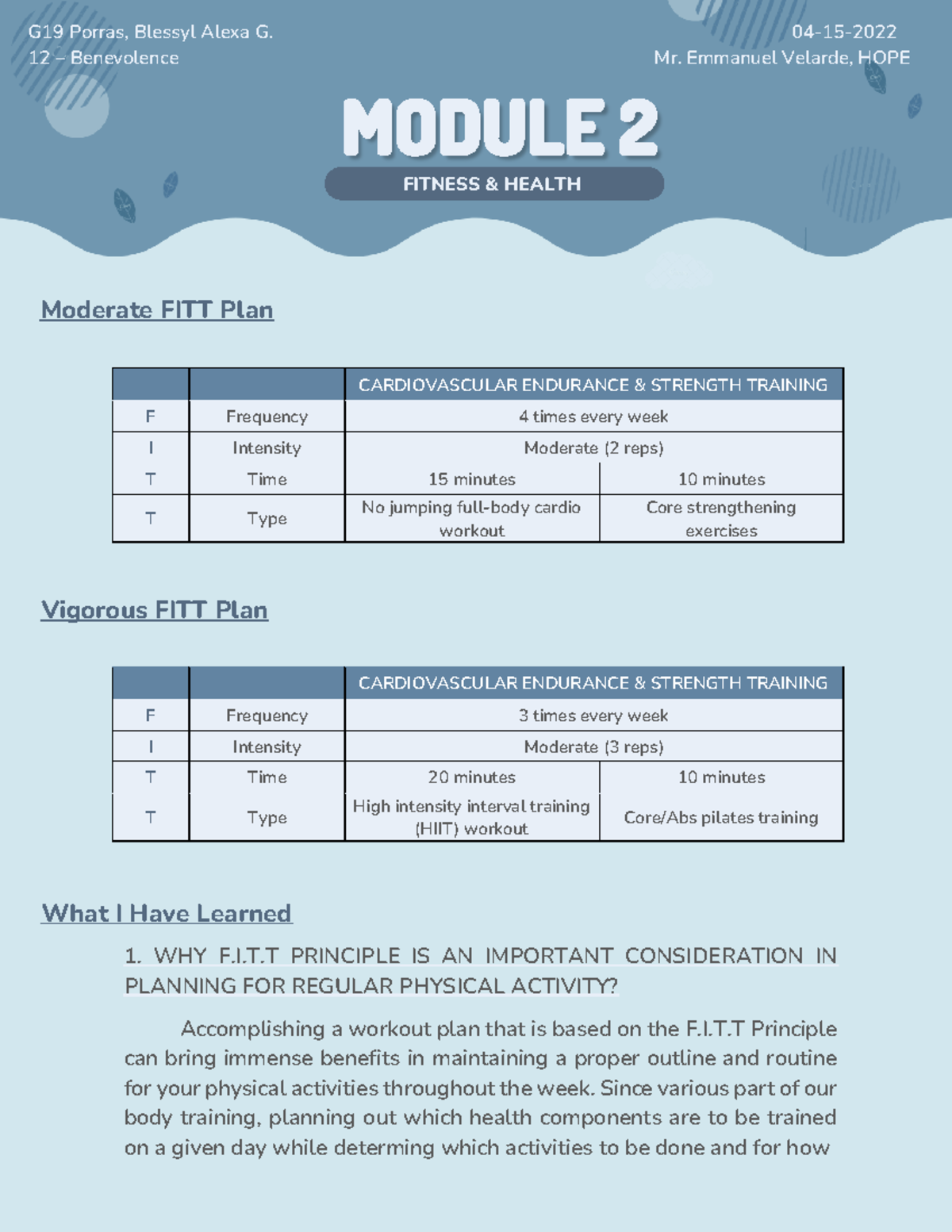 Written Work Module 2 Lesson 1 - CARDIOVASCULAR ENDURANCE & STRENGTH ...