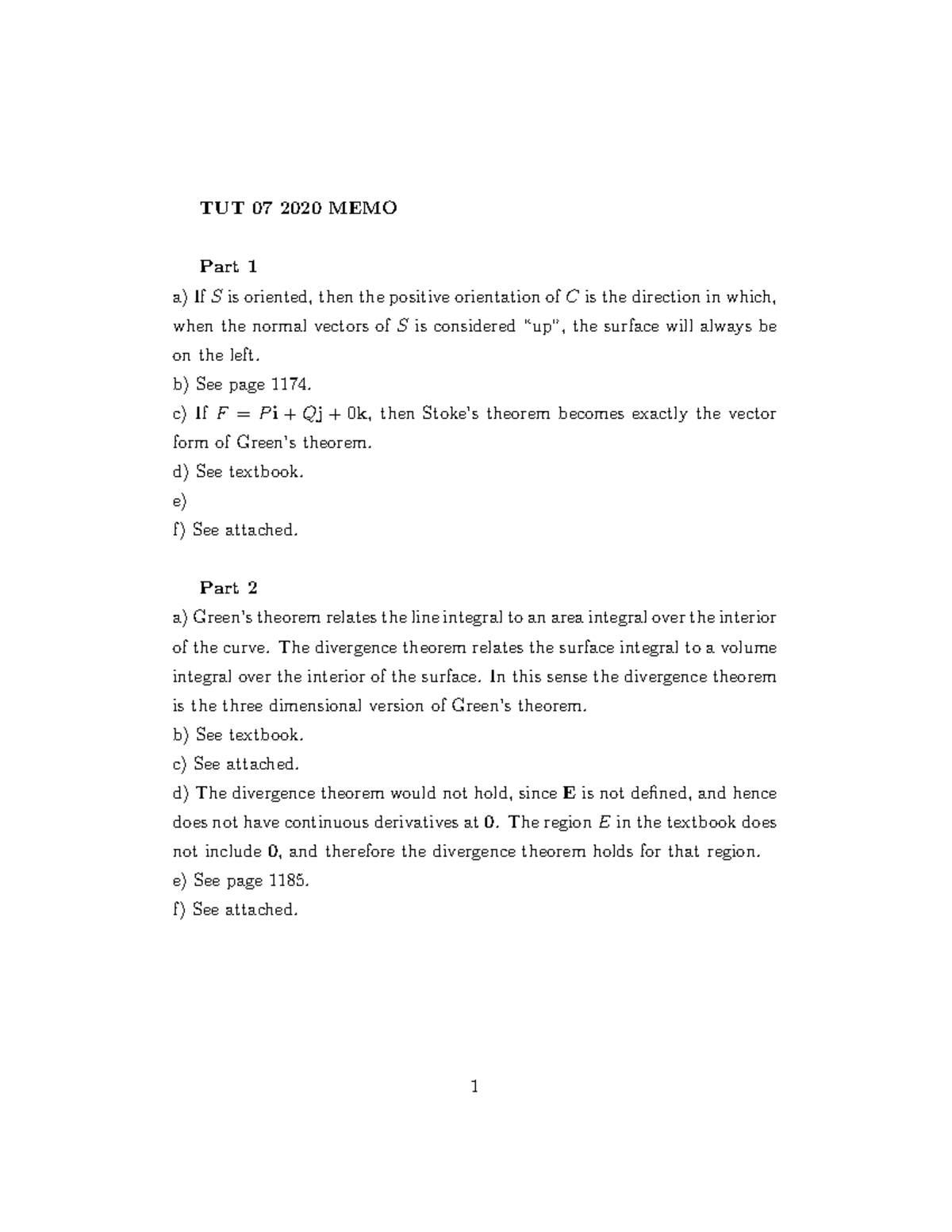 TUT 07 2020 Memo: Surface and Divergence Theorems Explained - Studocu