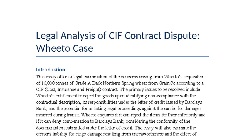 Legal Analysis of CIF Contract Dispute: Wheeto Case Essay - Studocu