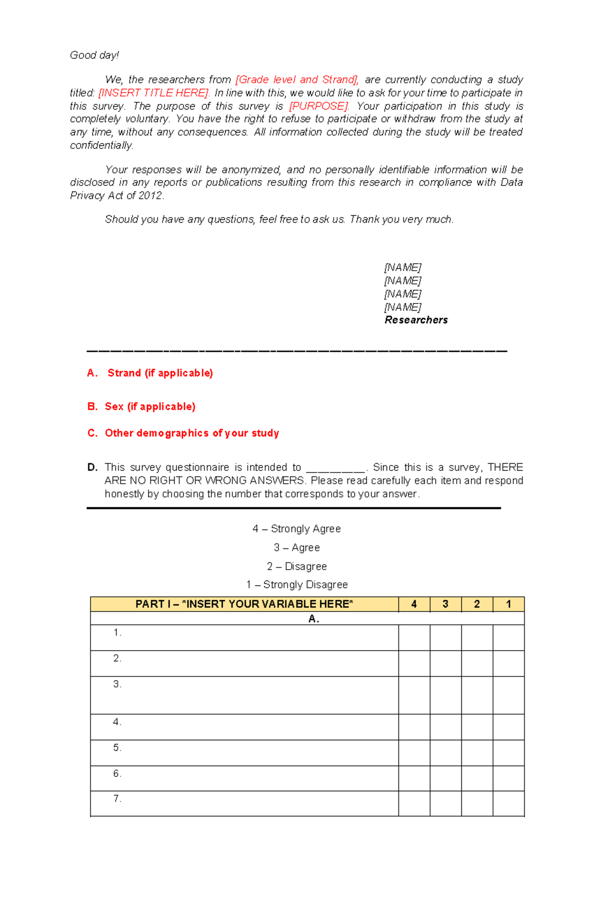 Questionnaire Template-1 - Good day! We, the researchers from [Grade ...