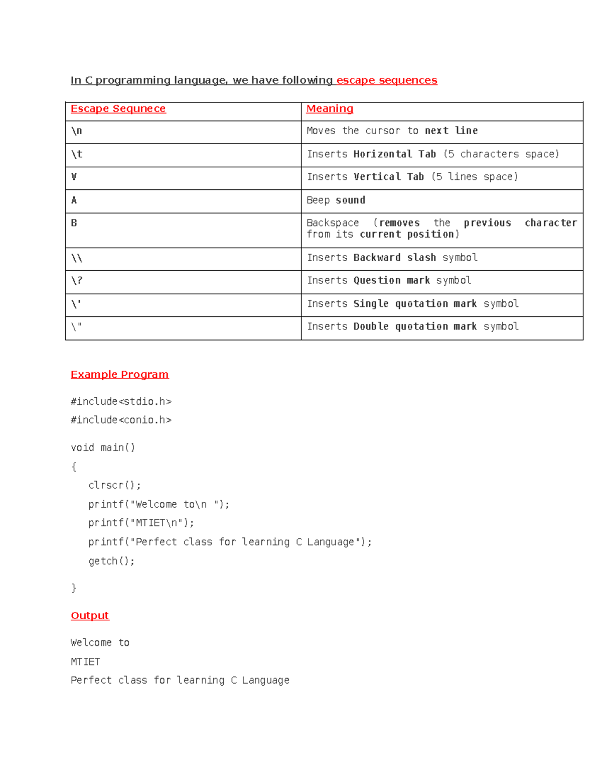 Format Specifiers - 1st year btech - In C programming language, we have following escape ...