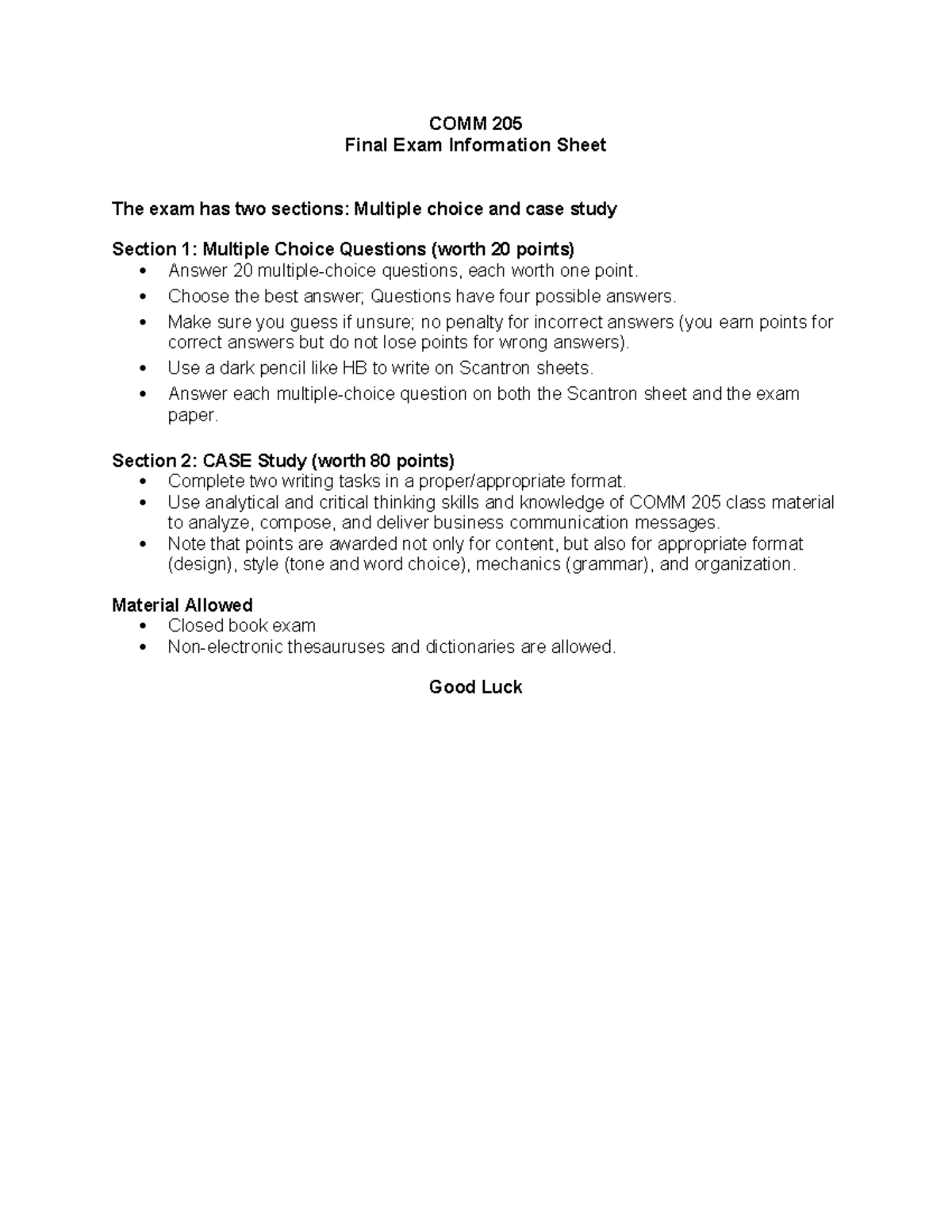 COMM 205 Final Exam Info: MC & Case Study Breakdown - Studocu