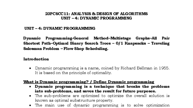 23PCSCC11: UNIT 4 DYNAMIC PROGRAMMING IN ANALYSIS & DESIGN OF ...