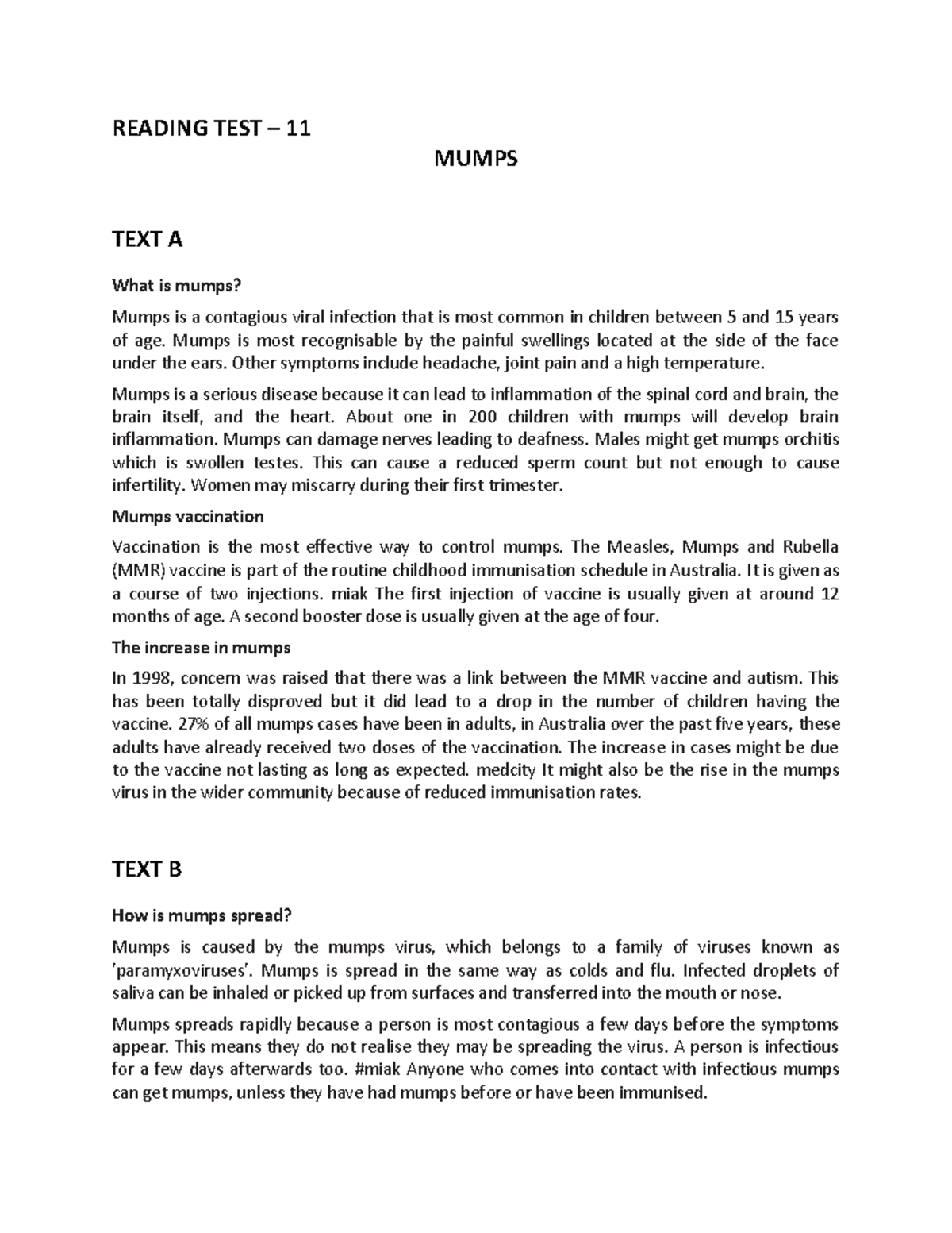 2 R mumps - READING TEST – 11 MUMPS TEXT A What is mumps? Mumps is a ...