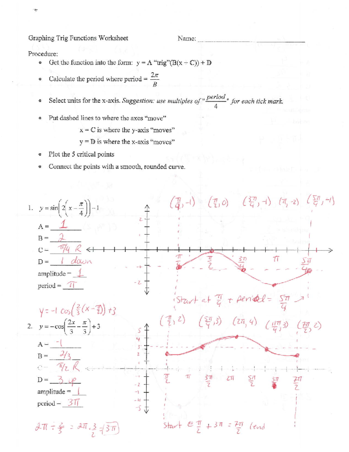 Graphing Trig Functions Worksheet Doc