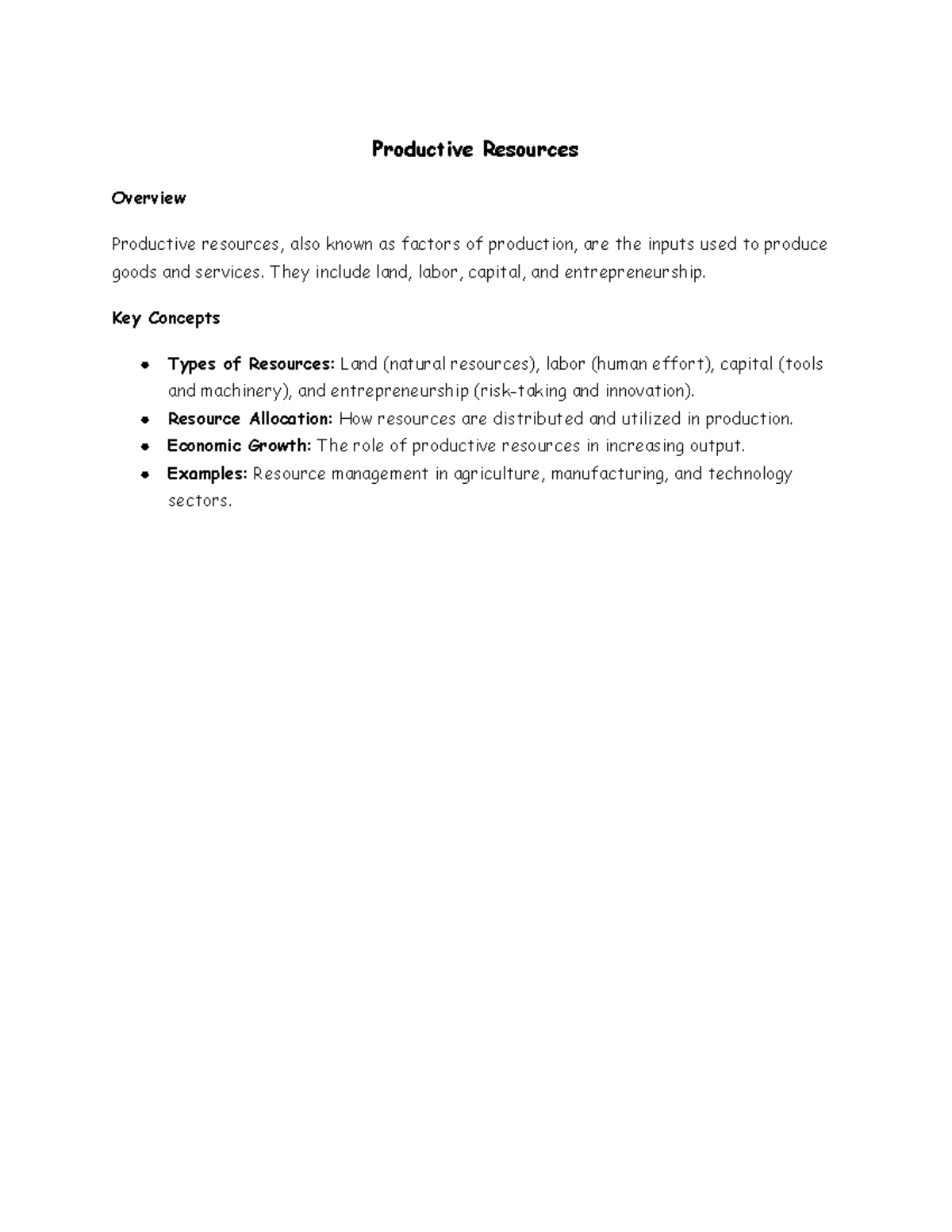 Study Guide Productive Resources - Productive Resources Overview ...