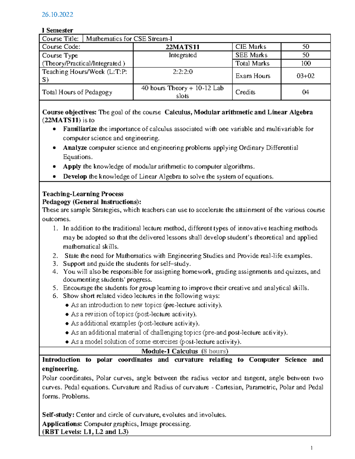 22MATS11 - Mathematics for CSE I Sem: Course Overview and Objectives ...