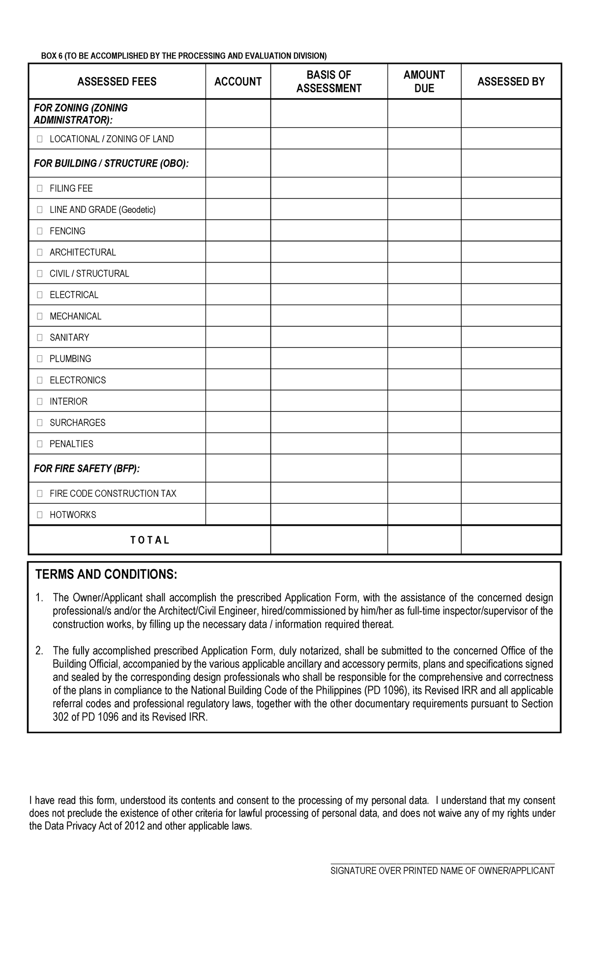 Unified Application Form for Building Permit-back - ASSESSED FEES ...