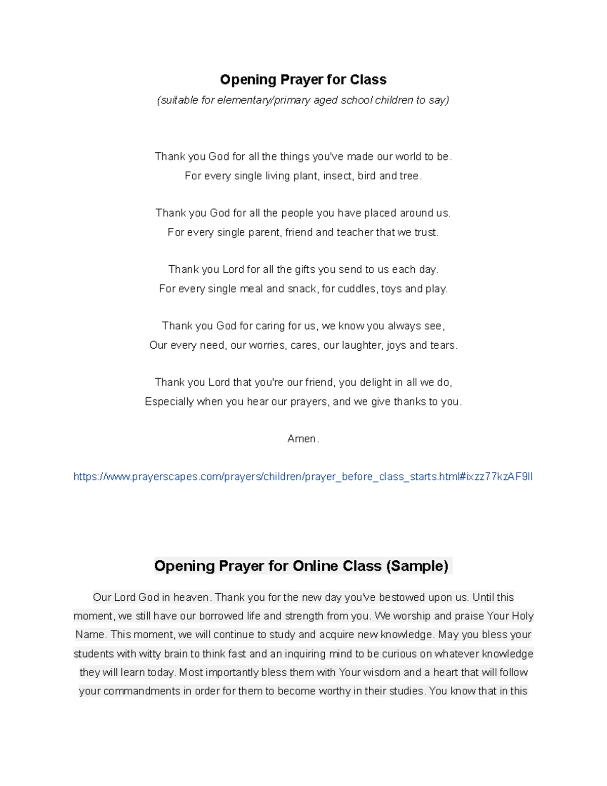 Prayer before and after class - PRAYER AFTER THE CLASS We thank you for ...