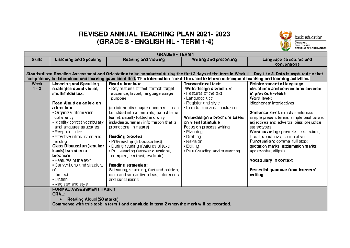 Grade 8 English HL Annual Teaching Plan (Terms 1-4) 2021-2023 - Studocu