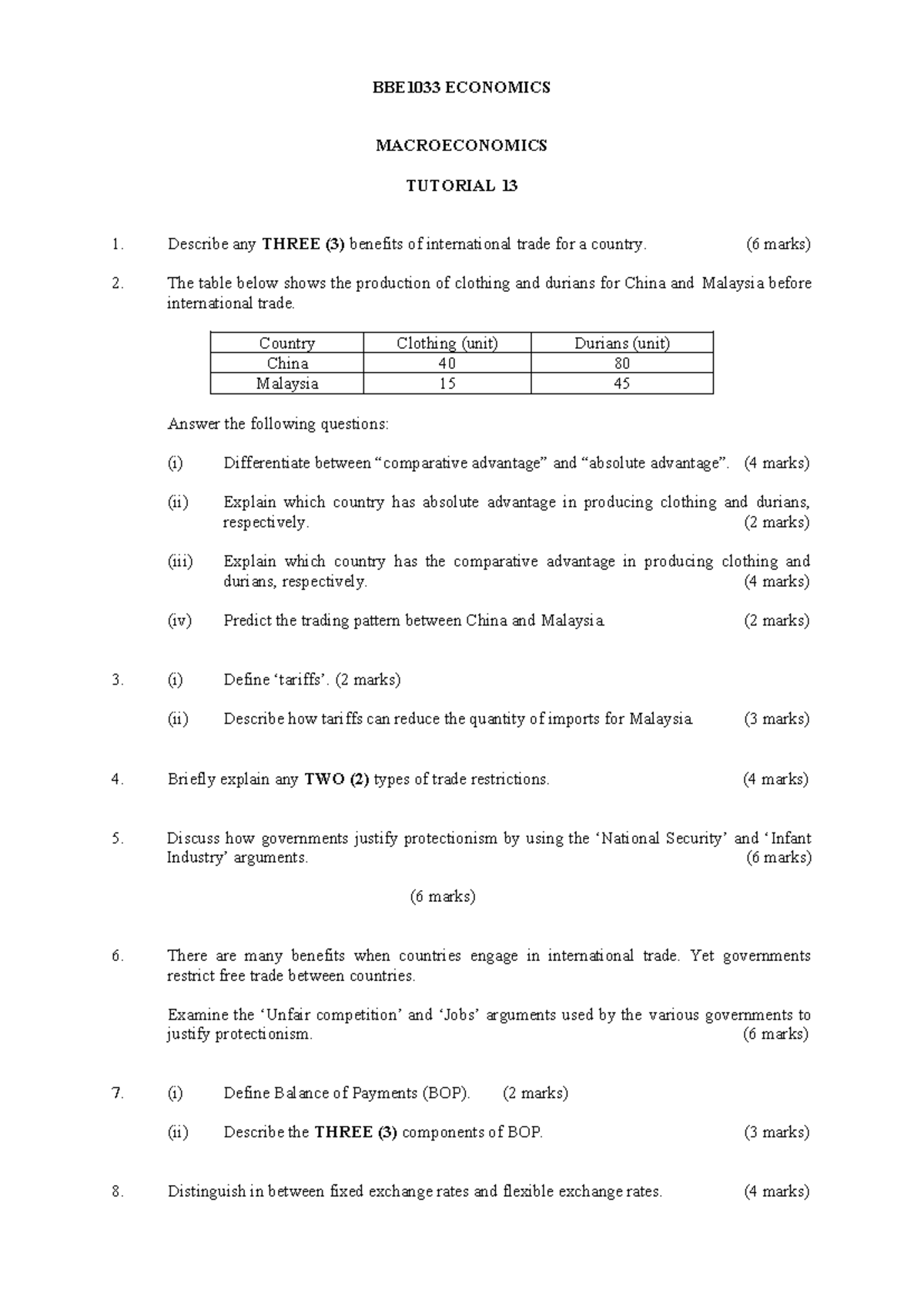 Tutorial 13: International Trade & Economic Principles - BBBE1033 - Studocu