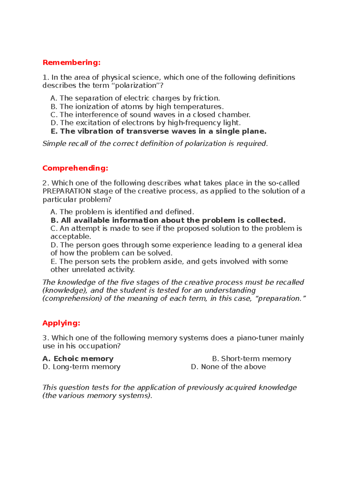 Sample MCQs on Bloom's Taxonomy: Understanding & Application - Studocu