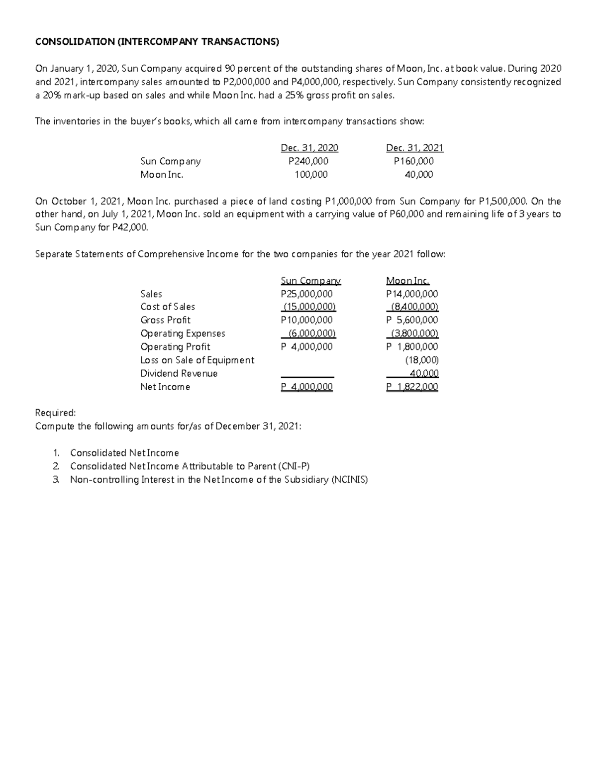 Consolidated Financial Statements: Intercompany Transactions Exercises 2021 - Studocu