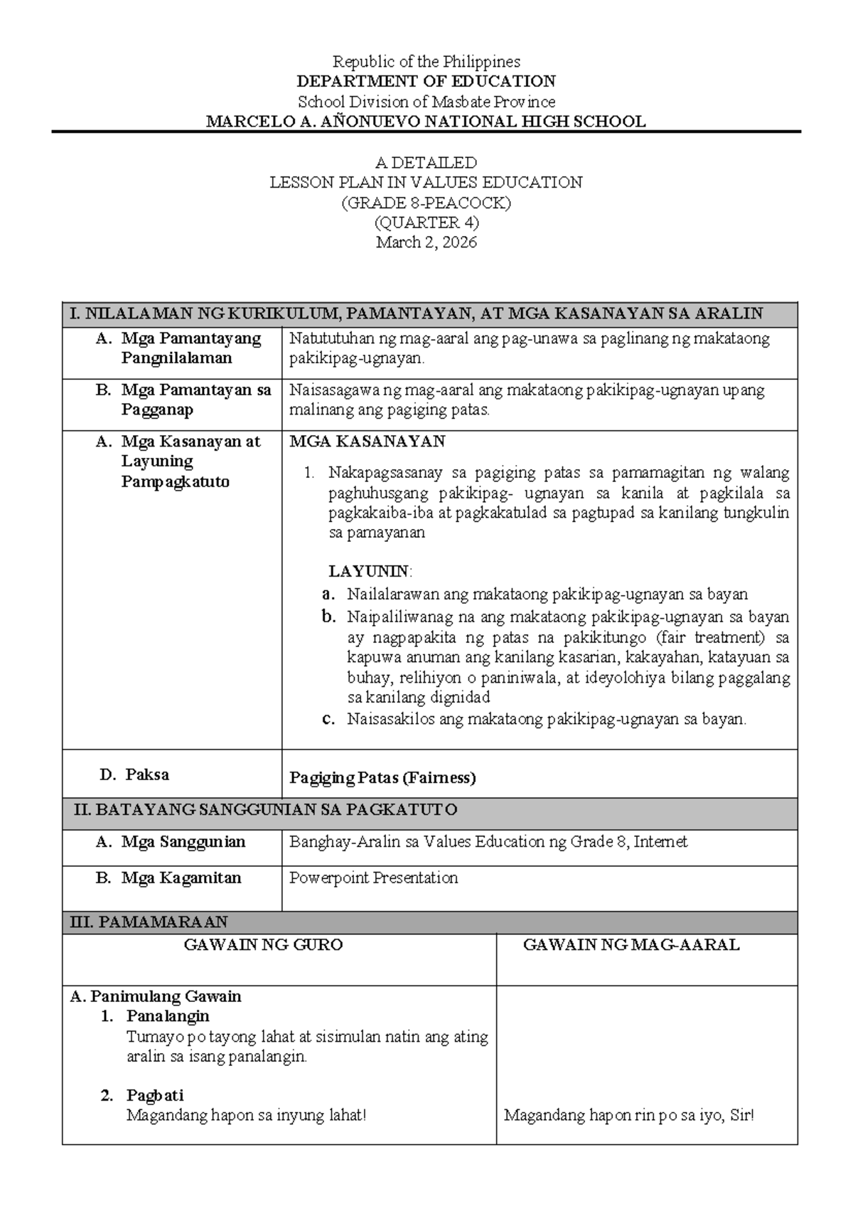 Detailed Lesson Plan in Values Education (ESP 1) - Quarter 4 - Studocu