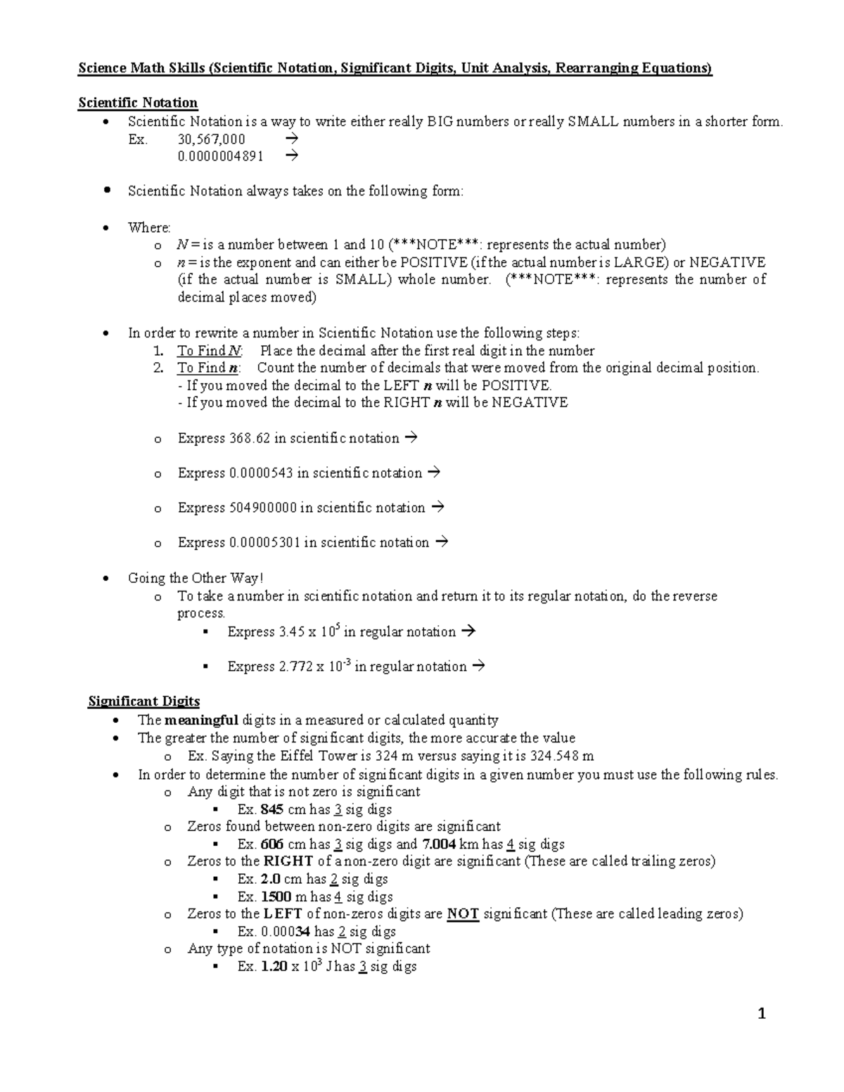 16.5 SCI Math Skills: Scientific Notation, Sig Digs & Unit Analysis ...