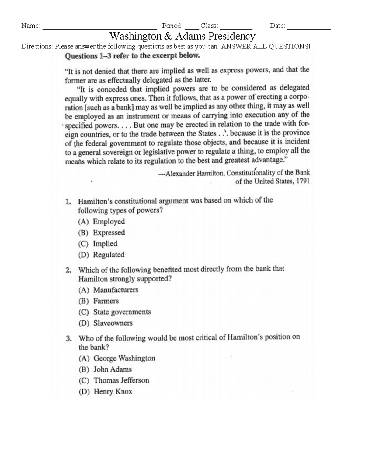 AP Style Presidency of Washington & Adams - Study Guide 2023 - Studocu