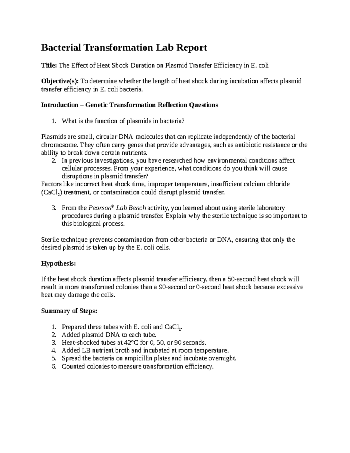 Bacterial Transformation Lab Report: Heat Shock Duration Impact on ...