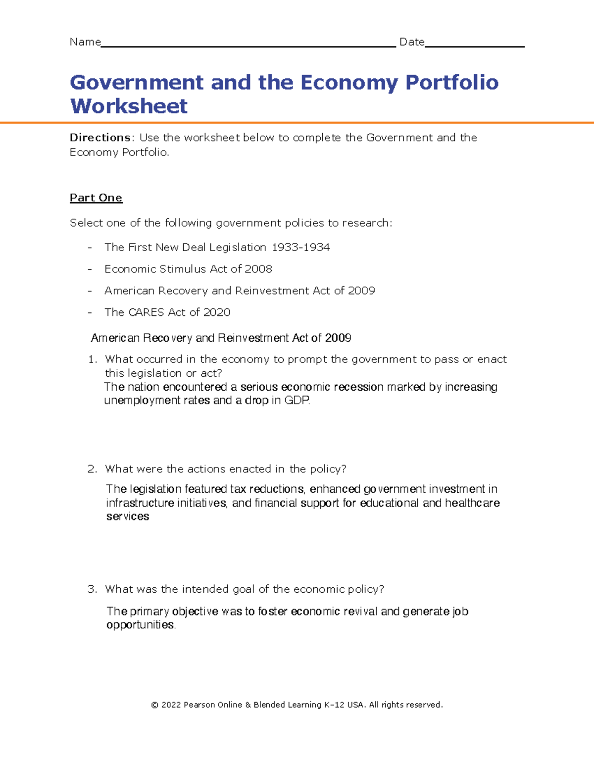 Government and the Economy Portfolio Worksheet Analysis - Studocu