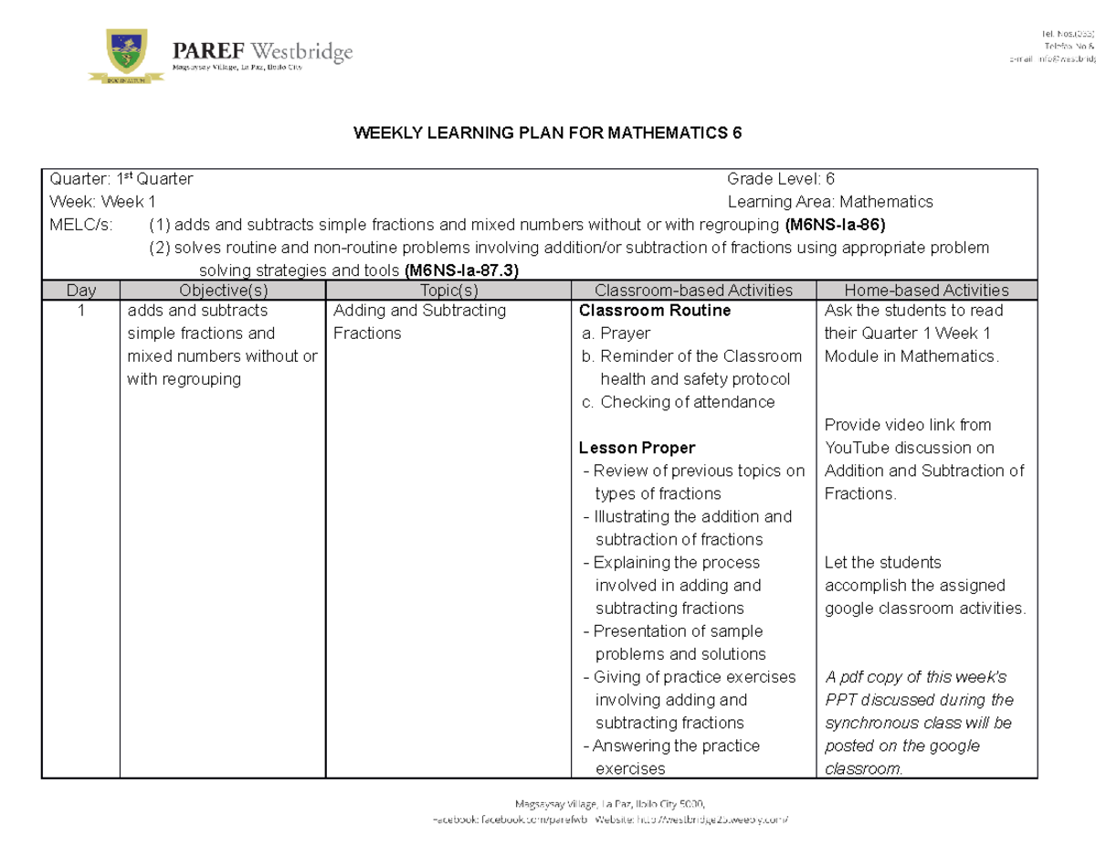 Weekly Learning Plan (Grade 6) - 1st Quarter - Week 1 - Copy - WEEKLY ...
