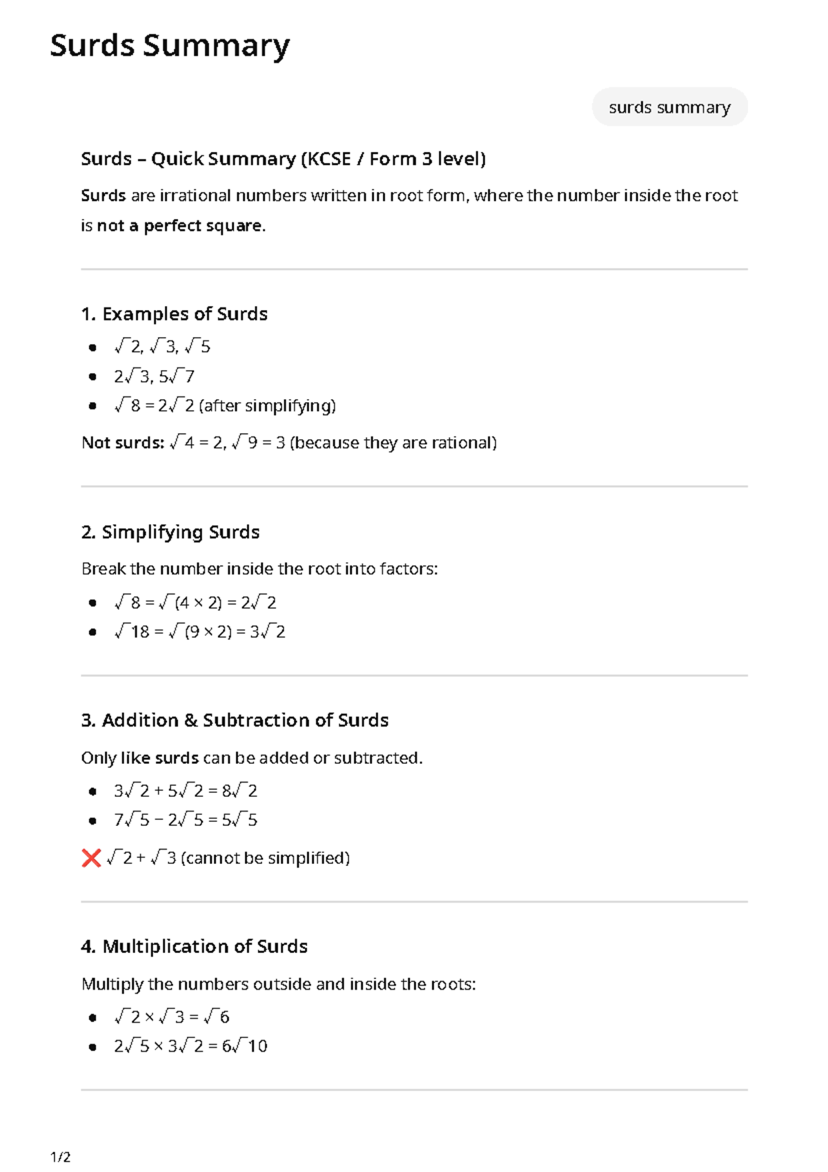 Surds Summary Notes (KCSE Form 3 Level) - Studocu