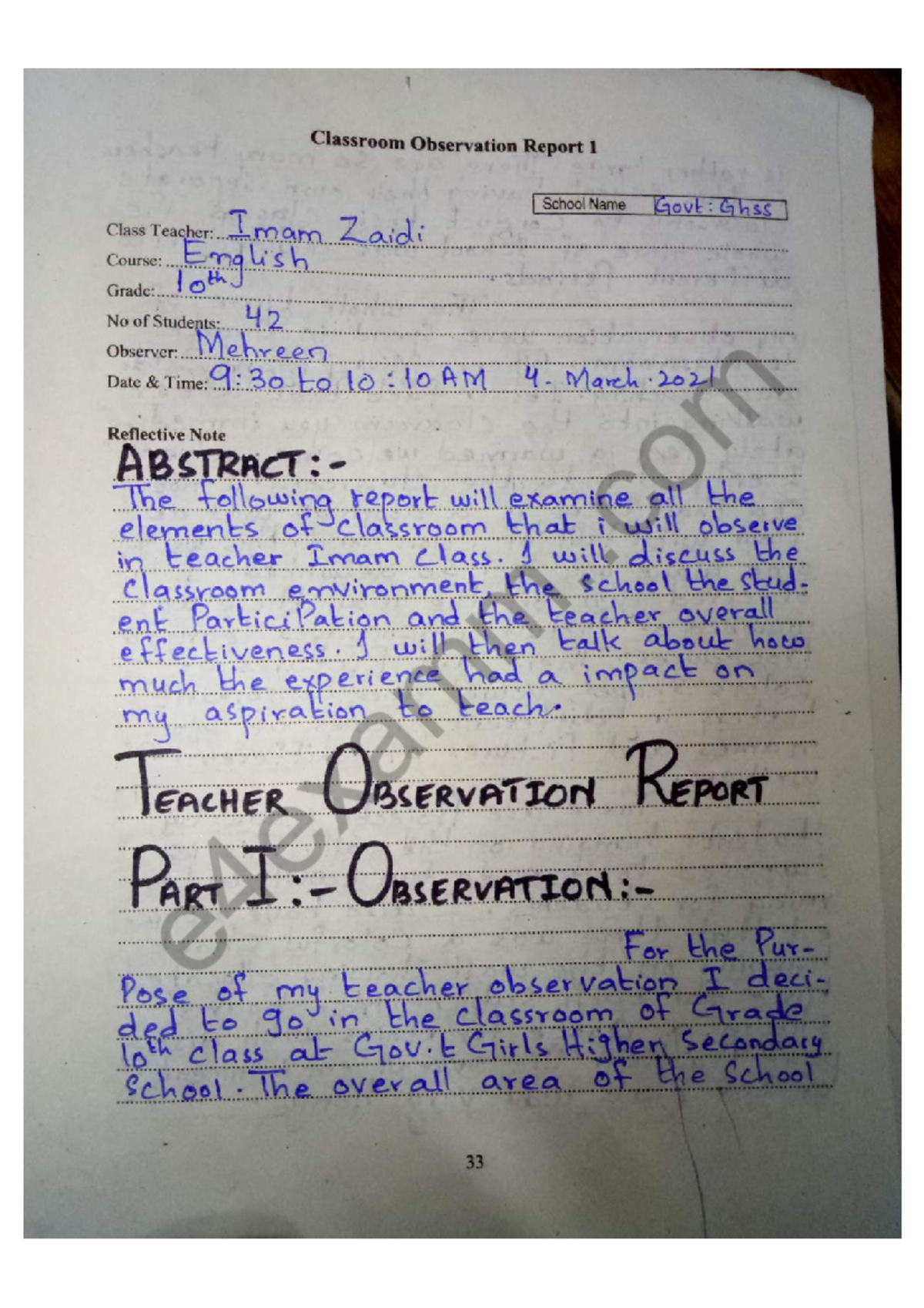 Teaching Practice Observation Report - Classroom Observation Report 1 ...