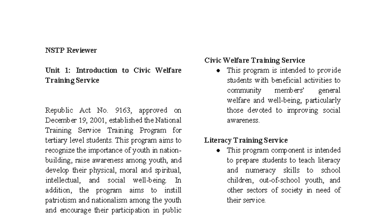 NSTP Reviewer: Civic Welfare Training & Filipino Culture Insights - Studocu