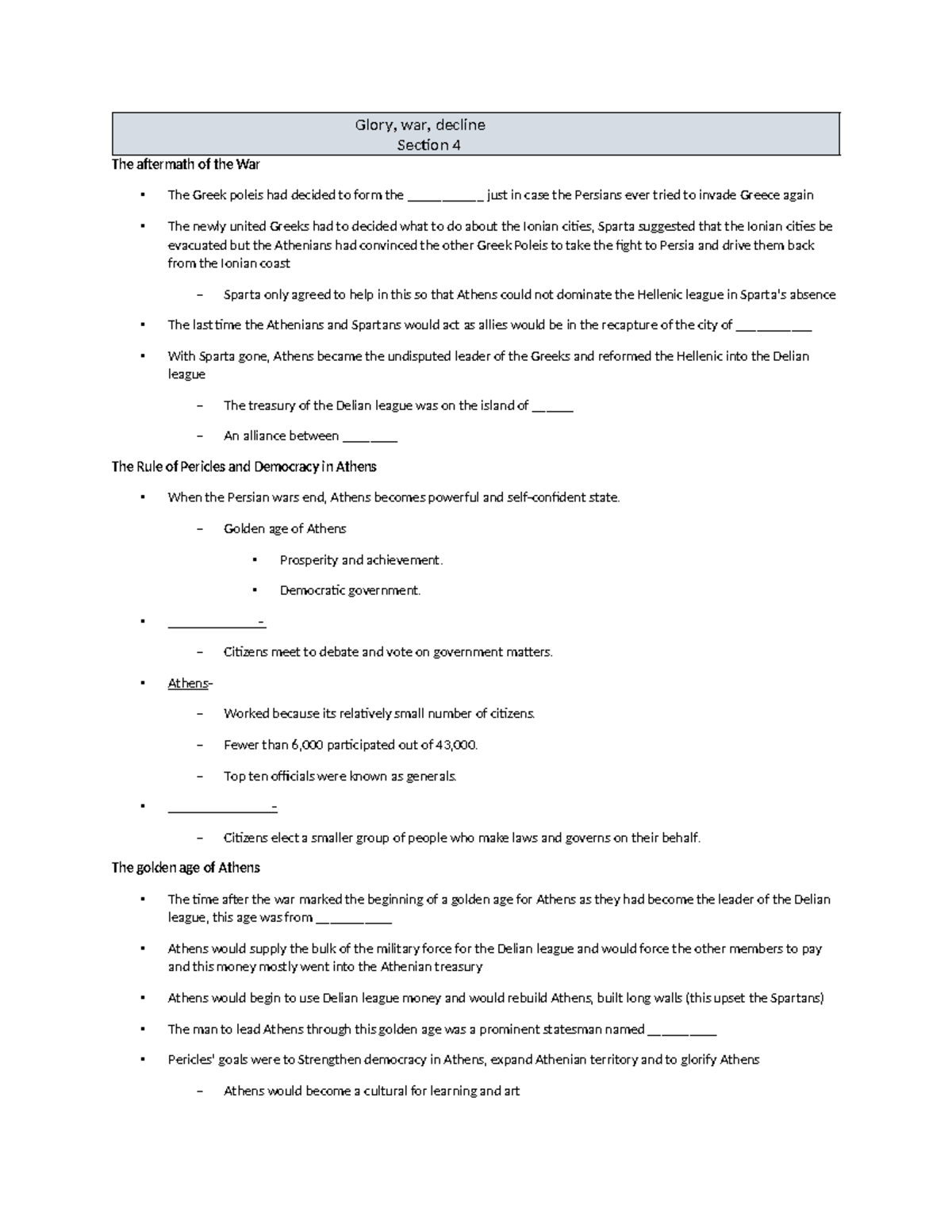 War and Decline: Athenian Power in Section 4 of History Notes - Studocu