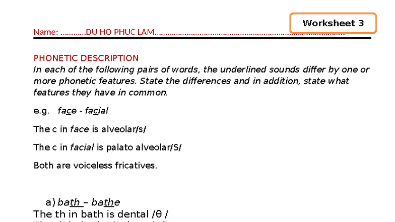 Worksheet 3 - Phonetic Description Practice in Phonetics - Studocu