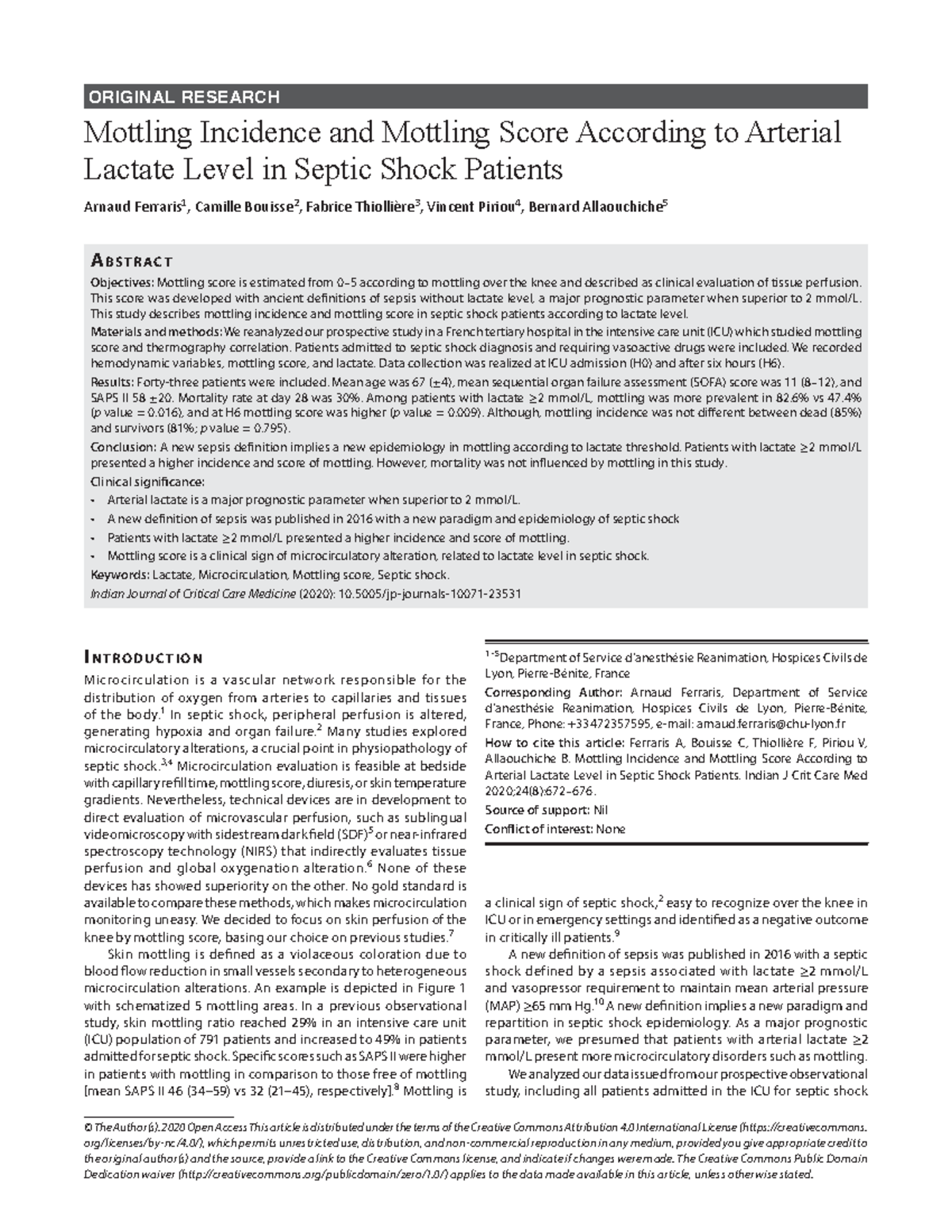 Mottling Score Analysis in Septic Shock Patients by Lactate Levels ...