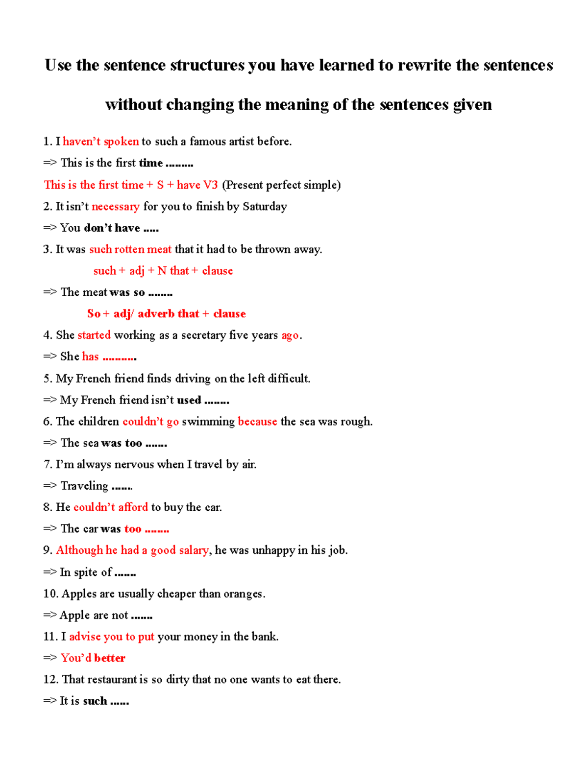 Worksheet: Sentence Structures for Rewriting Sentences - Studocu
