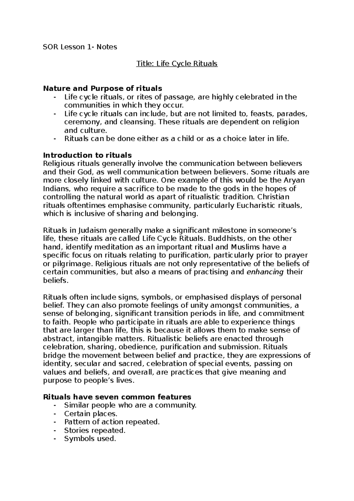 SOR Lesson Notes: Understanding Life Cycle Rituals and Their ...