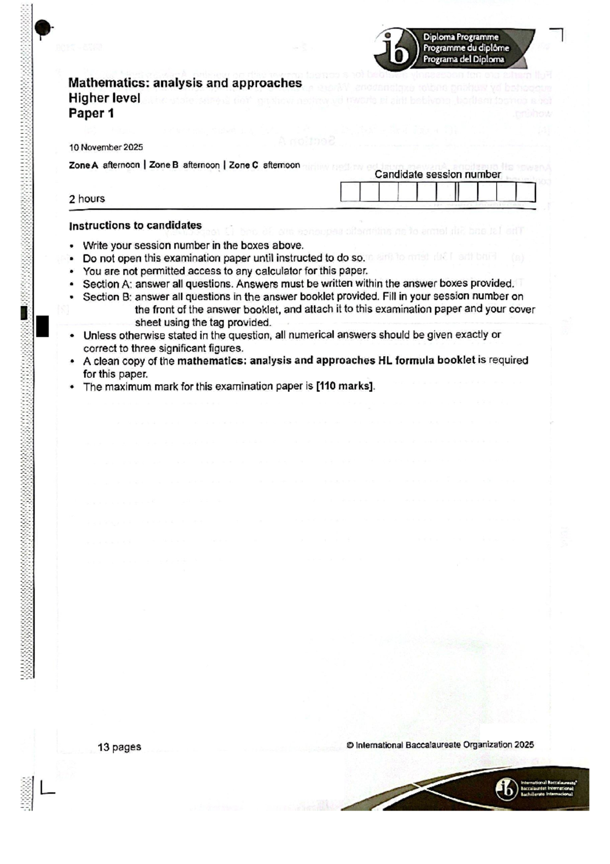 Math AA HL Paper 1 Exam - 10 Nov 2025, Zone A - Studocu