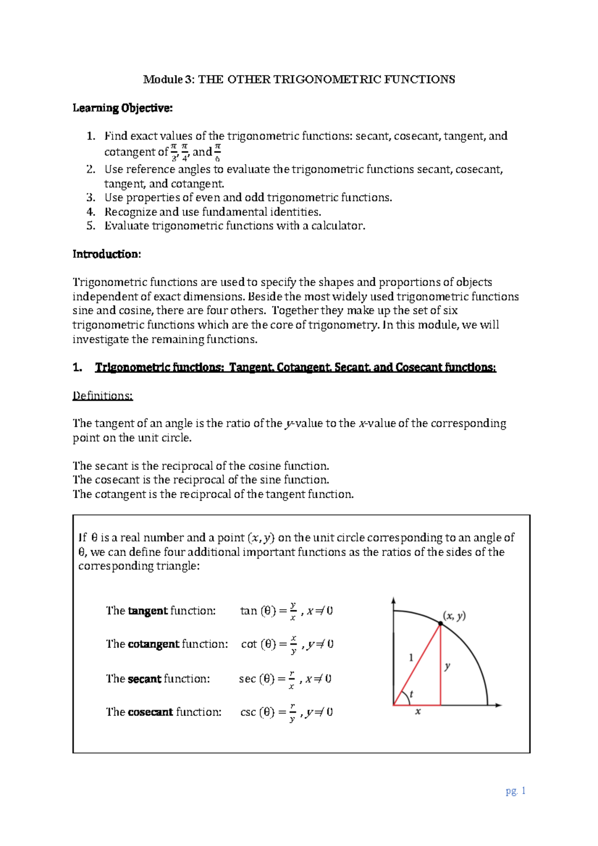 Module 3: Evaluating Sec, Csc, Tan, and Cot Functions - Studocu