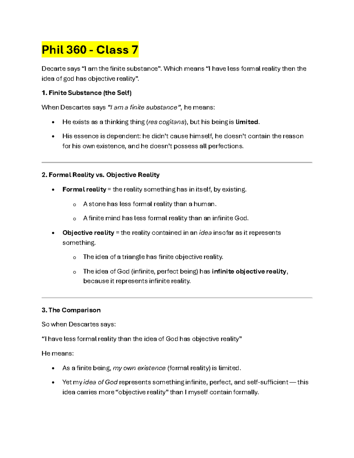 Phil 360 - Class 7: Descartes on Finite vs. Infinite Reality - Studocu