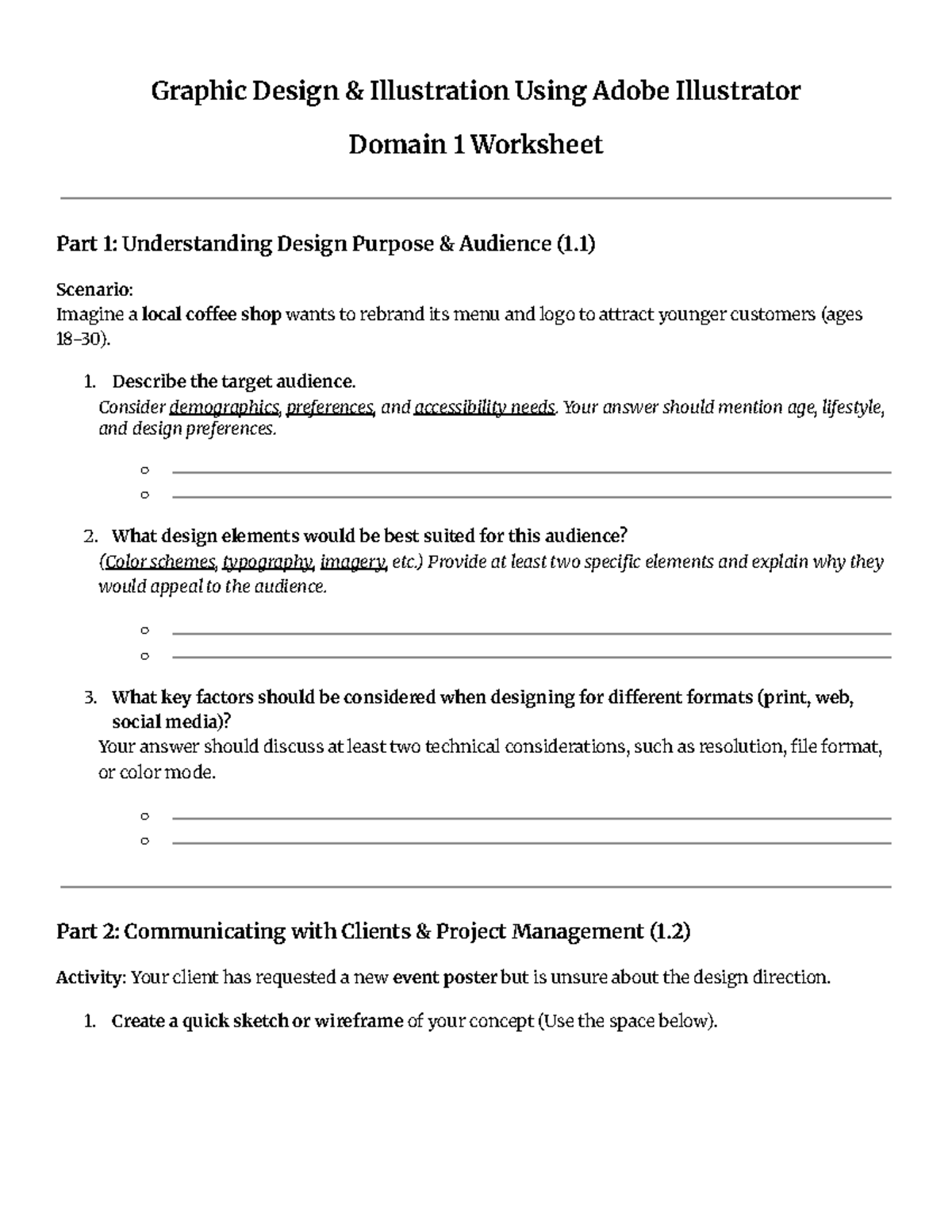ACP Illustrator Domain 1 Worksheet: Understanding Design & Client ...