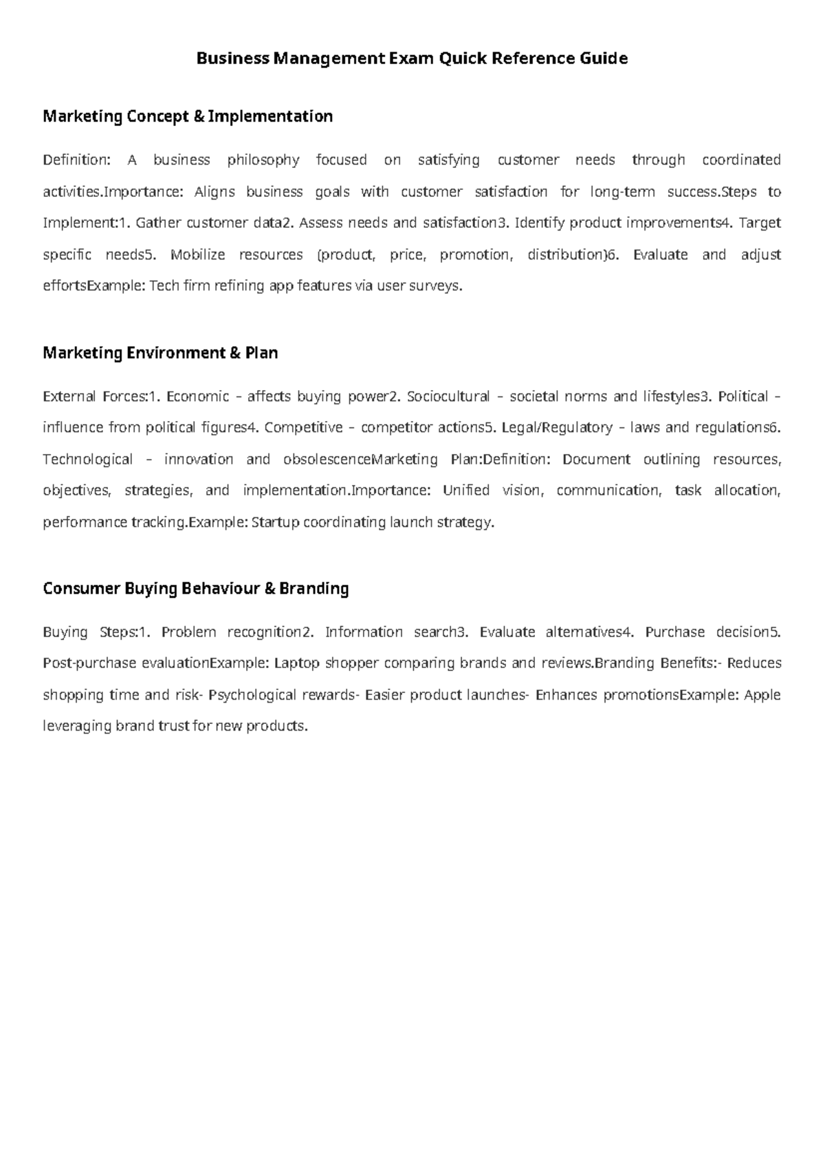 Business Management Exam Quick Reference Guide: Marketing Concepts ...