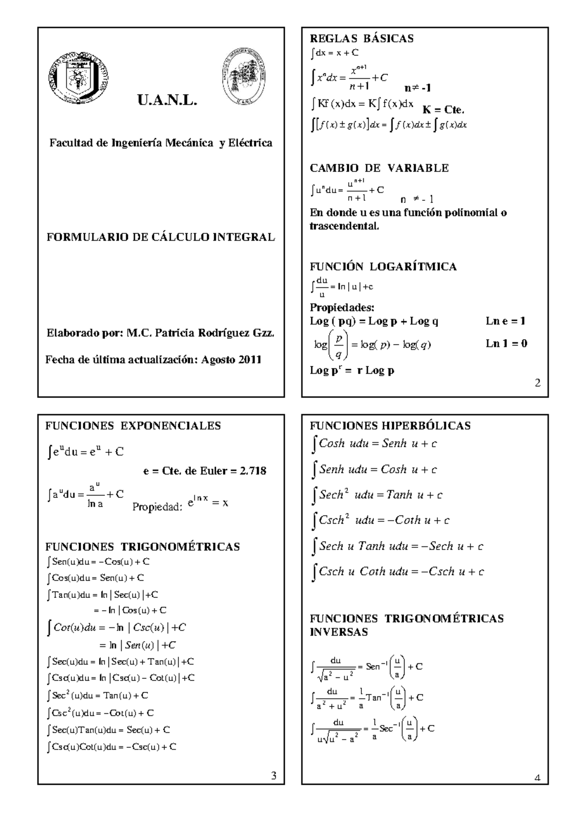 Formulario de Cálculo Integral U.A.N.L. - Reglas y Propiedades - Studocu