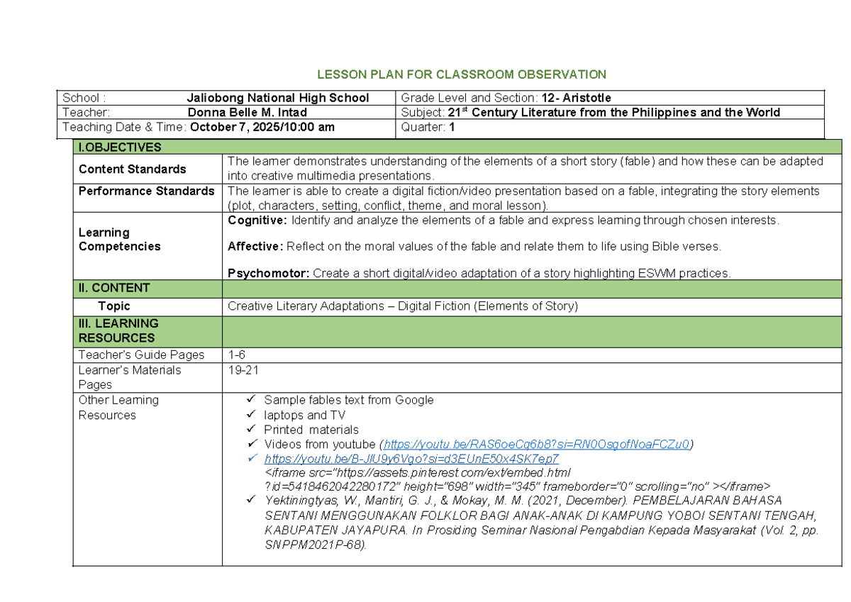 21st CENTURY LITERATURE LESSON PLAN FOR CLASSROOM OBSERVATION - Studocu