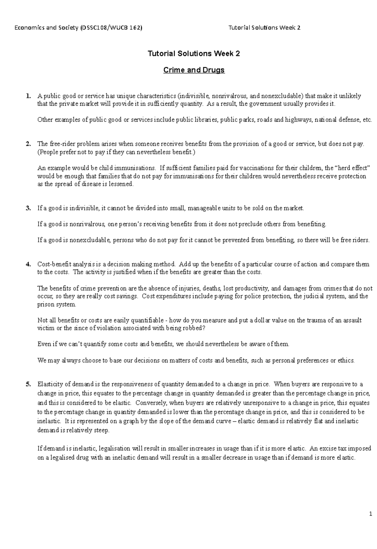 Week 2 Solutions - Economics and Society 162) Tutorial Solutions Week 2 ...