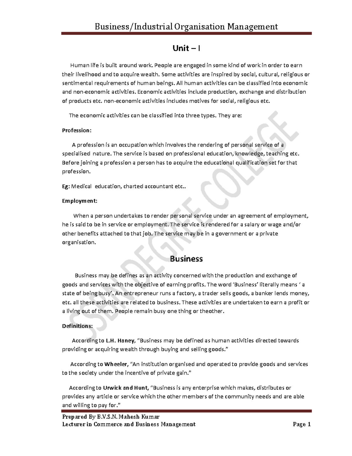 IO - Industria Management and organization notes - Prepared By B.V.S ...