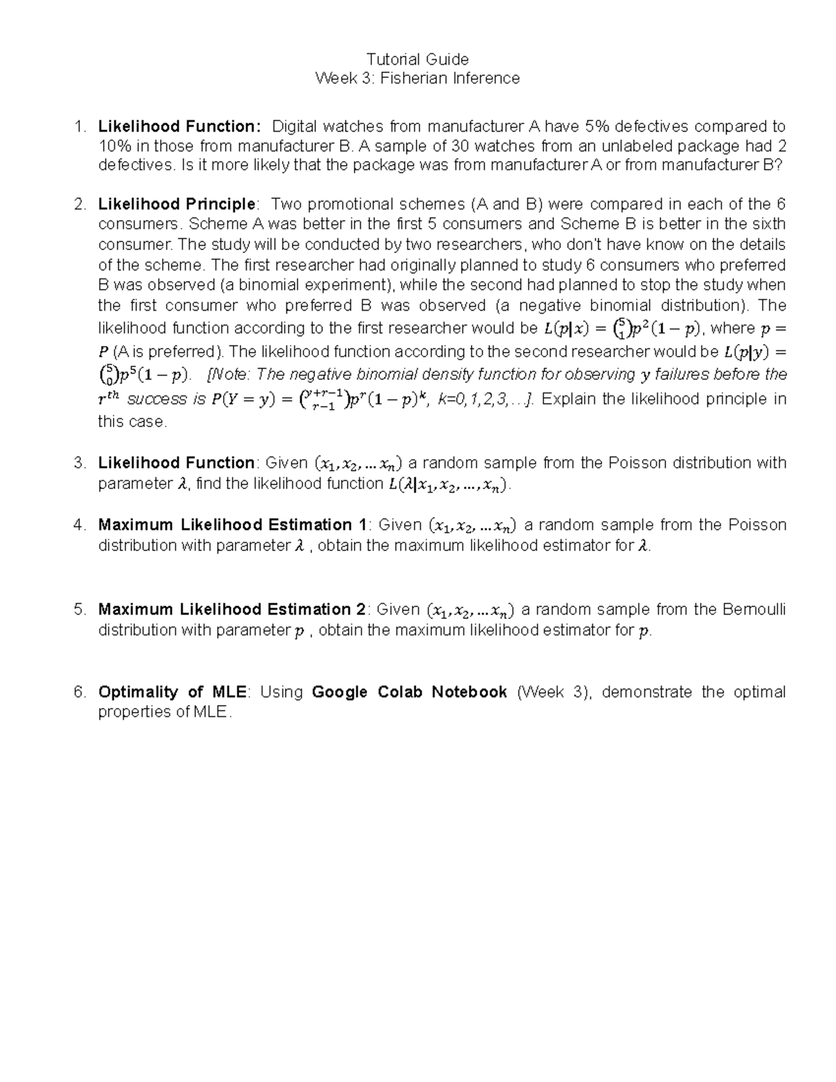 Tutorial Guide Week 3: Likelihood Functions & MLE Concepts - Studocu