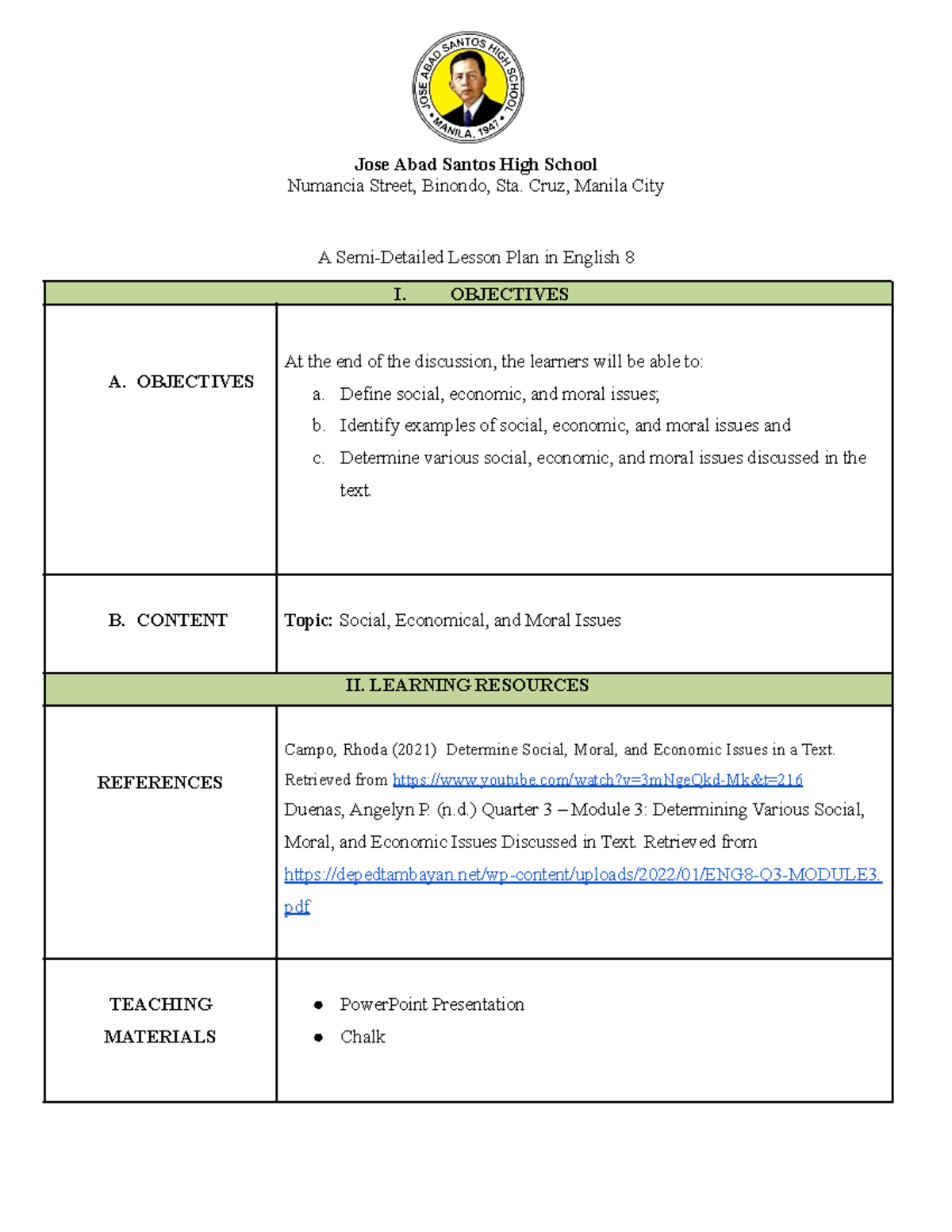 Lesson Plan in Social Issues English 8 - Jose Abad Santos High School ...